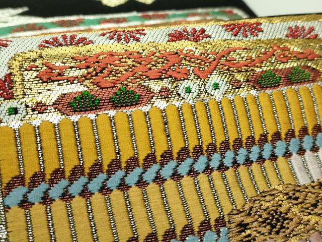 平和屋本店□極上 太鼓柄 本袋帯 龍村平蔵柄 威毛錦 黒地