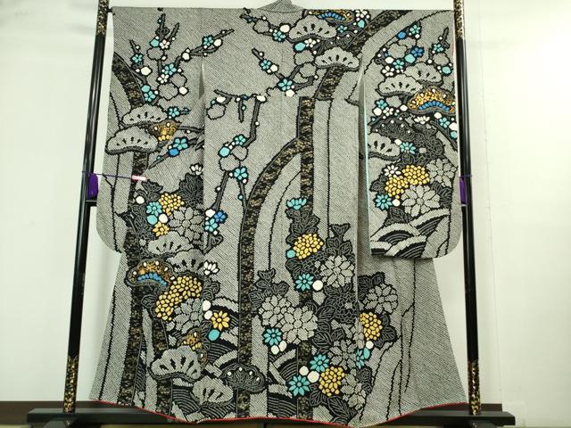 平和屋着物■極上　振袖　絞り　松菊花文　黒地　金彩　逸品　DZAA9830kh5