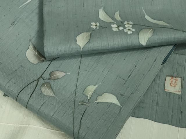 平和屋着物■極上　手描染作家　安藤松岳　紬　枝花文　八掛・五代目・諏訪好風　反端付き　逸品　DZAA9840kh5