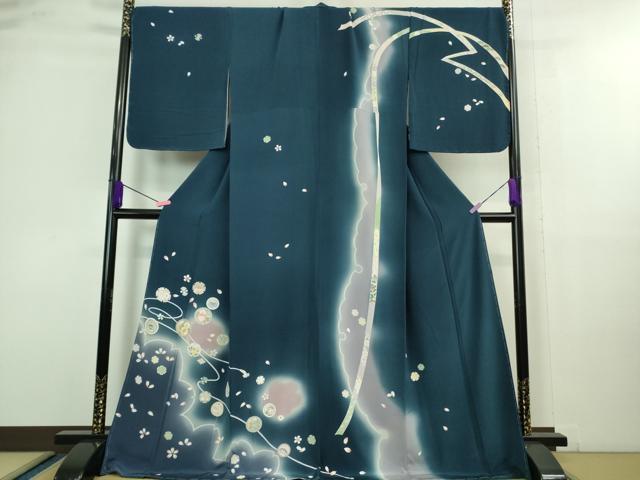 平和屋着物■極上　訪問着　駒刺繍　雪輪　舞桜　暈し染め　青藍色地　金彩　ロング丈　逸品　未使用　DZAA9859kh5