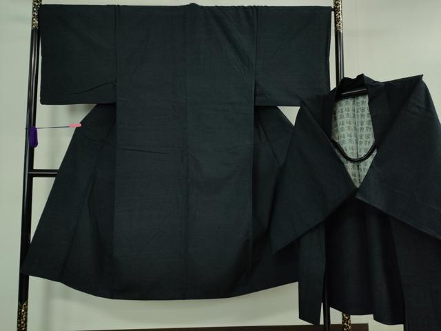 平和屋着物■極上　男性　紬　アンサンブル　色無地　濃藍色　逸品　DZAA9860kh5