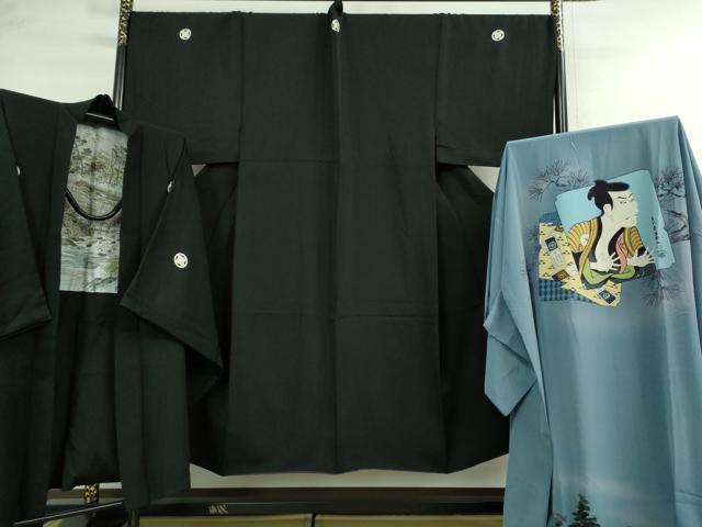 平和屋本店■極上　男性　黒紋付　長羽織・長襦袢(無双仕立て)セット　キングサイズ　作家物　逸品　DZAA9878kh5