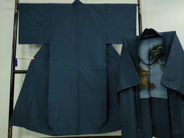 平和屋着物■極上　男性　紬　アンサンブル　長羽織　羽裏：虎・龍　色無地　紺青色　逸品　未使用　DZAA9880kh5