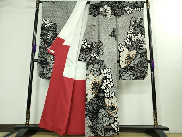 平和屋着物□極上 振袖 駒刺繍 絞り 舞蝶花文 黒地 やまと誂