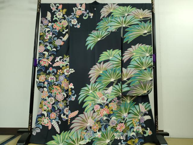 平和屋本店■極上　振袖　友禅　作家物・泰和　松花文　藍鉄色地　逸品　DZAA9893kh5