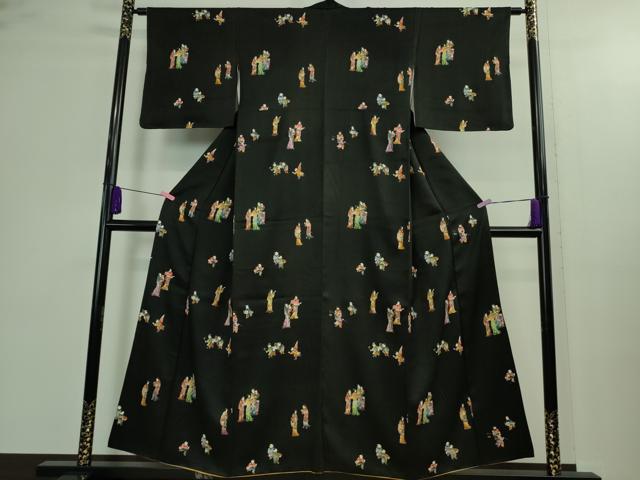 平和屋着物■極上　小紋　人物文　黒地　逸品　DZAA9894kh5