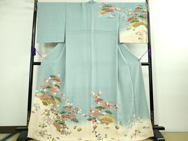 平和屋本店■極上　訪問着　友禅　駒刺繍　鴛鴦風景花文　空色地　鬼しぼ縮緬　金糸　ロング丈　逸品　DZAA9959kh5