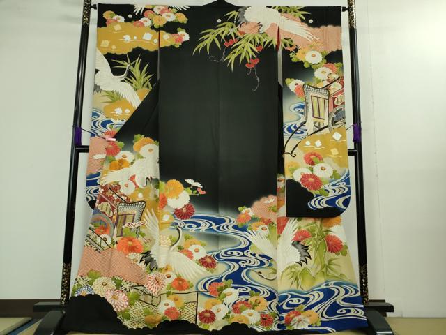 平和屋着物■極上　アンティーク　大正ロマン　振袖　相良刺繍　駒刺繍　御所車飛鶴花文　黒地　暈し染め　金銀彩　逸品　DZAA9968kh5