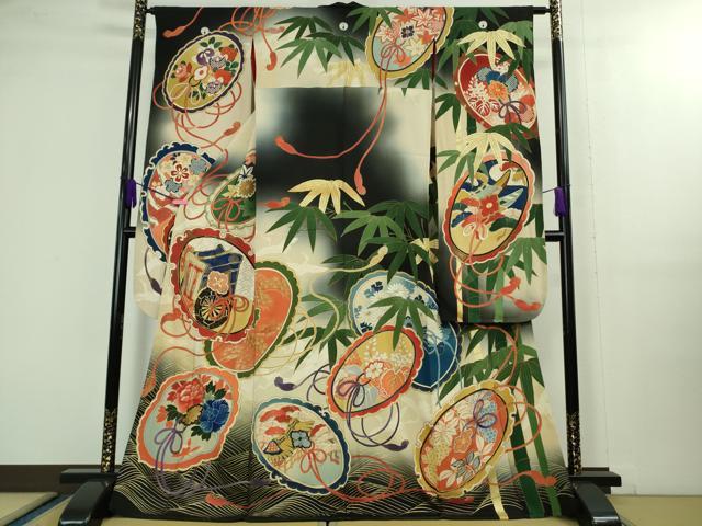 平和屋本店■極上　アンティーク　大正ロマン　振袖　駒刺繍　笹竹　鏡裏　御所車　黒地　暈し染め　金銀彩　逸品　DZAA9970kh5