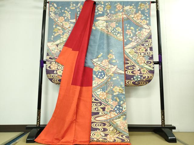 平和屋本店□極上 アンティーク 大正ロマン 振袖 駒刺繍 花舟 金彩