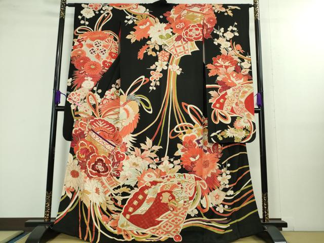 平和屋着物■極上　アンティーク　大正ロマン　振袖　刺繍　檜扇花薬玉　黒地　金彩　逸品　DZAA9978kh5