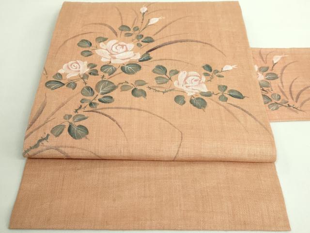 平和屋着物■極上　夏物　九寸名古屋帯　手描き　枝花文　薔薇　麻　逸品　DZAB0015kh5