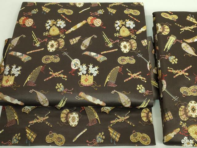 平和屋着物■極上　田中工芸織物 祥園謹製　つけ帯　唐織　楽器花文　赤墨色地　金糸　三越扱い　逸品　DZAB0038kh5