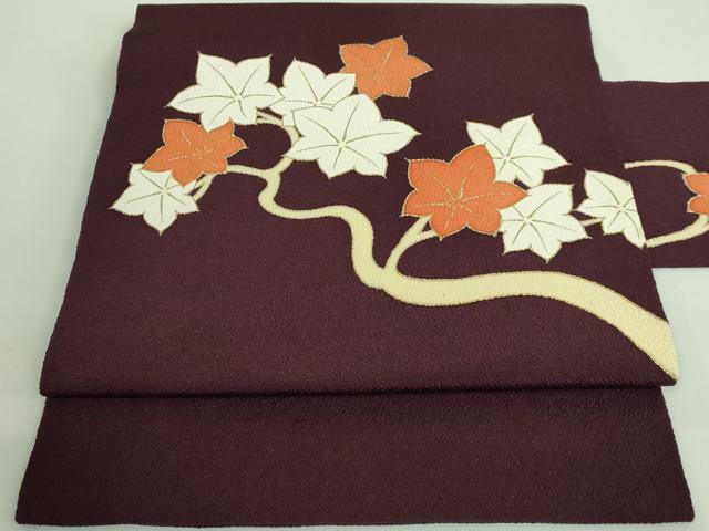 平和屋着物■極上　銀座　志ま亀　九寸名古屋帯　楓　濃い紫鳶色地　金彩　鬼しぼ縮緬　逸品　DZAB0045kh5