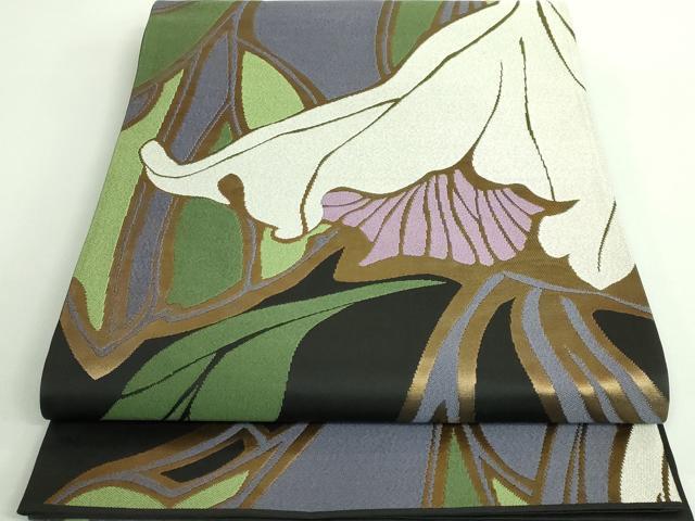 平和屋本店■極上　世界的人形師　辻村寿三郎　ジュサブロー　六通柄袋帯　百合　黒地　金糸　逸品　DZAB0080kh5