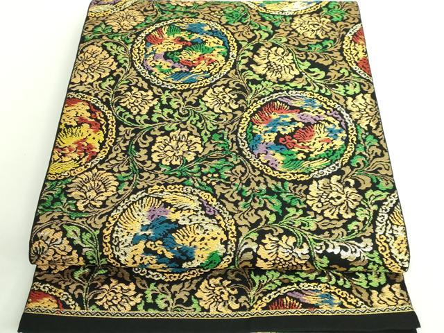 平和屋着物■極上　六通柄　本袋帯　唐織　更紗花鳥文　黒地　金糸　逸品　DZAB0096kh5