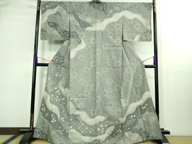 平和屋着物■極上　伝統工芸士　七代目　吉澤与市　赤城紬　訪問着　単衣　絞り　古代菊　やまと誂製　反端付き　逸品　DZAB0138kh5