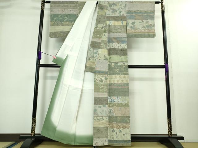 平和屋着物□極上 小千谷紬 百柄 繋ぎ絣 手織り 横段花蝶