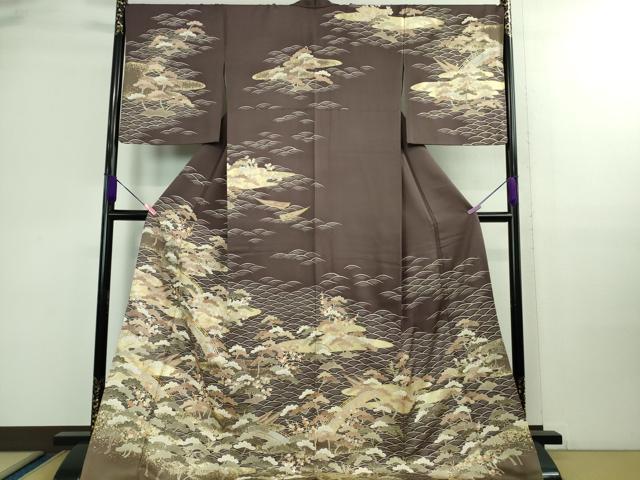 平和屋着物■極上　訪問着　友禅　駒刺繍　渡橋立波花文　滅紫色地　金彩　やまと誂製　ロング丈　逸品　DZAB0146kh5