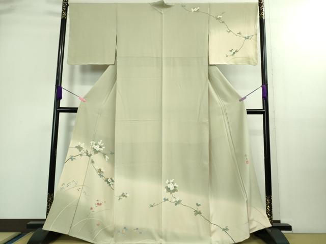 平和屋着物■極上　訪問着　友禅　作家物　枝花文　柳鼠色地　暈し染め　逸品　DZAB0165kh5