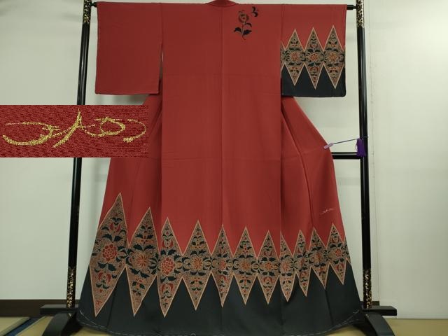 平和屋着物■極上　ファッションデザイナー　HIROKO KOSHINO　コシノヒロコ 　訪問着　草花文　赤紅色地　金彩　逸品　未使用　DZAB0183kh5