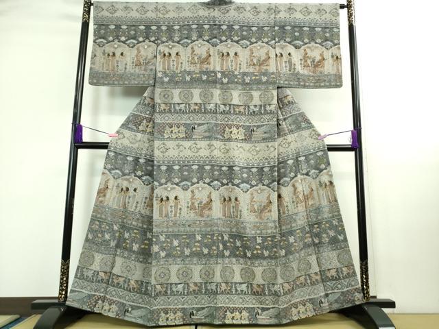 平和屋本店■極上　中国三大刺繍　スワトウ刺繍　汕頭刺繍　相良刺繍　訪問着　エジプト壁画文様　金糸　逸品　未使用　DZAB0197kh5