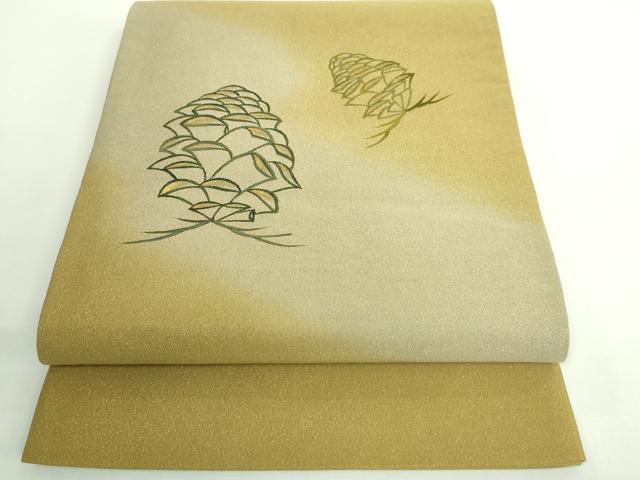 平和屋着物■極上　太鼓柄袋帯　作家物　刺繍　松ぼっくり　金彩　逸品　DZAB0202kh5