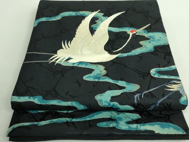 平和屋本店■極上　アンティーク　大正ロマン　中国三大刺繍　相良刺繍　太鼓柄　京袋帯　飛鶴文　黒地　逸品　DZAB0222kh5