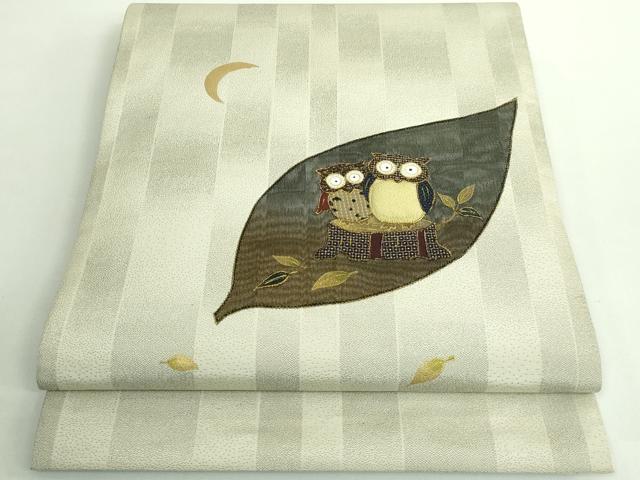 平和屋着物■極上　太鼓柄袋帯　縮緬細工　押し絵　貼り絵　ミミズク　三日月　金彩　逸品　DZAB0244kh5