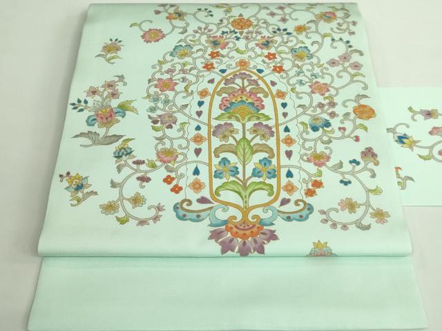 平和屋本店■極上　岡重謹製　OKAJIMA　塩瀬　九寸名古屋帯　更紗花文　薄萌葱色地　金彩　逸品　DZAB0256kh5