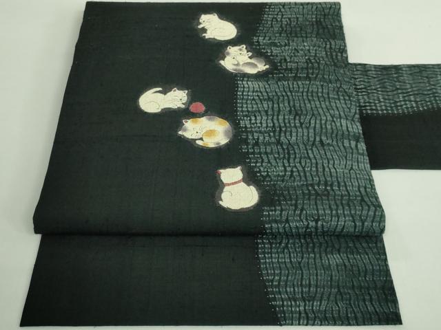平和屋着物■極上　十日町 名門青柳謹製　奇翠工房　九寸名古屋帯　紬地　絞り　猫　黒地　ゑり善扱い　たとう紙付き　逸品　DZAB0262kh5