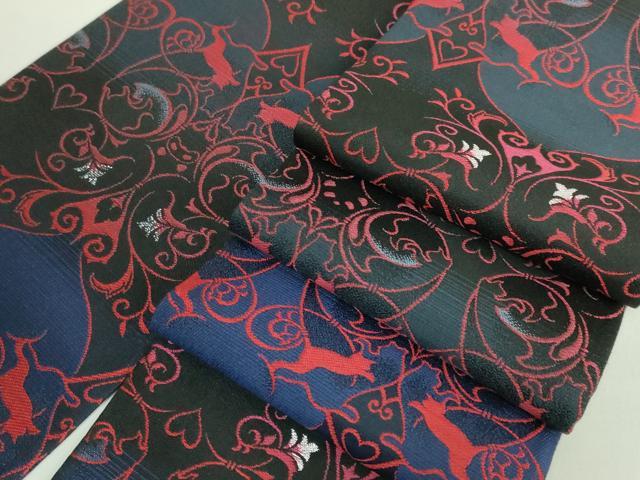 平和屋着物■極上　半幅帯　BANKAN　わものや　猫　唐草　黒地　銀糸　逸品　DZAB0270kh5