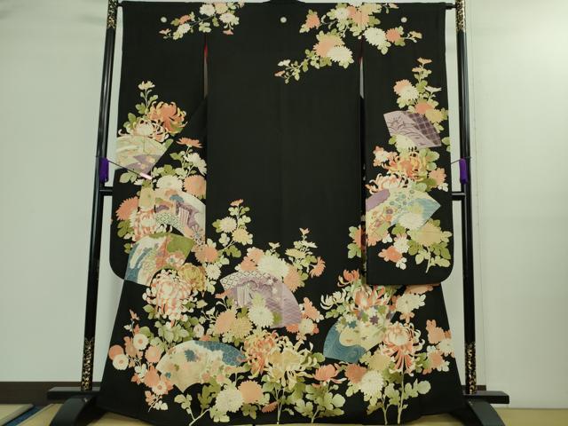 平和屋着物■極上　アンティーク　大正ロマン　振袖　刺繍　乱菊　地紙御所車花文　黒地　金素　逸品　DZAB0324kh5