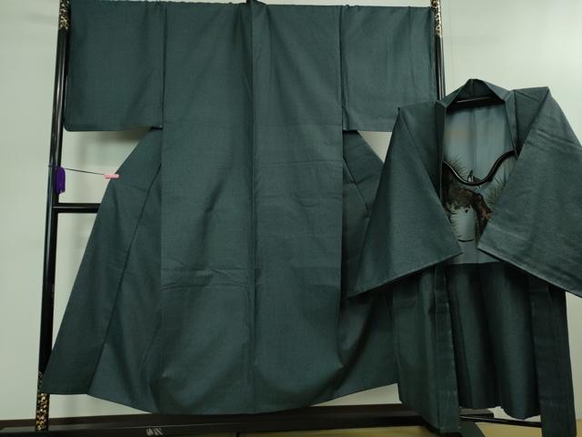 平和屋着物■極上　男性　紬　アンサンブル　キングサイズ　長羽織　青藍色地　羽裏・松に雀　逸品　未使用　DZAB0401kh5