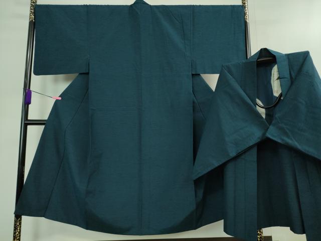 平和屋着物■極上　男性　紬　アンサンブル　長羽織　色無地　藍色　羽裏・笹竹に雀　逸品　DZAB0412kh5