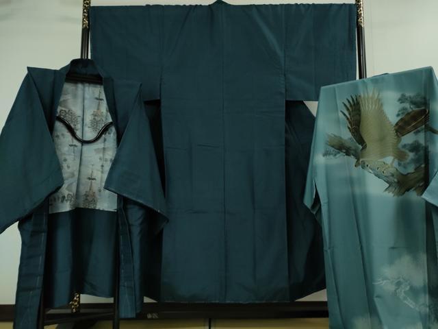 平和屋着物■極上　男性　お召　アンサンブル　長襦袢(無双仕立て)・長羽織セット　青藍色　逸品　未使用　DZAB0418kh5