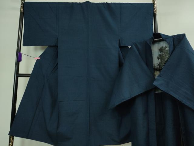 平和屋着物■極上　男性　紬　アンサンブル　長羽織　色無地　濃藍色　逸品　DZAB0425kh5