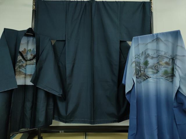 平和屋着物■極上　男性　本場大島紬　アンサンブル　キングサイズ　長襦袢(袷)・長羽織セット　濃藍色　逸品　未使用　DZAB0428kh5