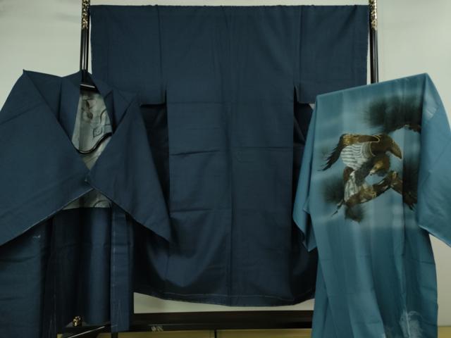 平和屋着物■極上　男性　紬　アンサンブル　長襦袢(無双仕立て)・長羽織セット　100亀甲　総詰め　三越扱い　逸品　未使用　DZAB0430kh5