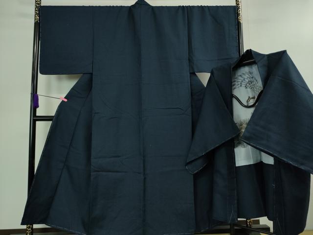 平和屋着物■極上　男性　紬　アンサンブル　キングサイズ　長羽織　100亀甲　総詰め　濃藍色　羽裏・鷹　逸品　未使用　DZAB0434kh5