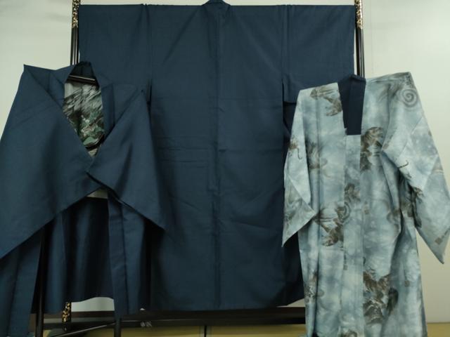 平和屋着物■極上　男性　紬　アンサンブル　長襦袢(無双仕立て)・長羽織セット　100亀甲　総詰め　濃藍色　羽裏・龍　逸品　DZAB0439kh5