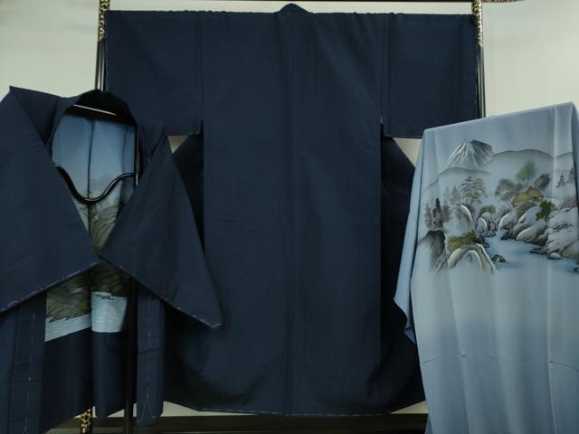 平和屋着物■極上　男性　紬　アンサンブル　キングサイズ　長襦袢(袷)・長羽織セット　濃藍色　逸品　未使用　DZAB0442kh5