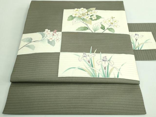 平和屋着物■極上　夏物　絽塩瀬　九寸名古屋帯　枝花文　濃い鶸茶色地　銀彩　逸品　DZAB0469kh5