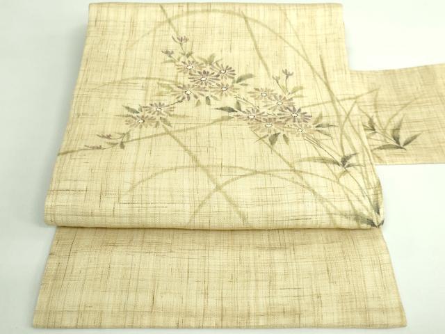 平和屋着物■極上　夏物　九寸名古屋帯　手描き　枝花文　麻　逸品　DZAB0495kh5