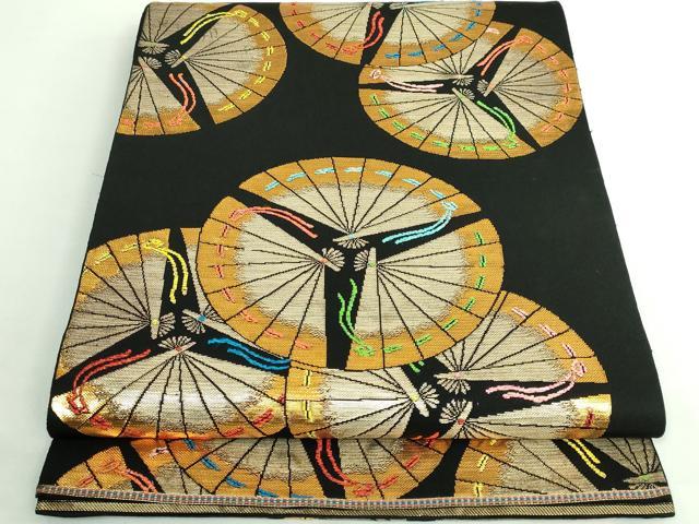 平和屋本店■極上　龍村美術織物　たつむら　六通柄　本袋帯　散扇図　黒地　金糸　逸品　DZAB0514kh5