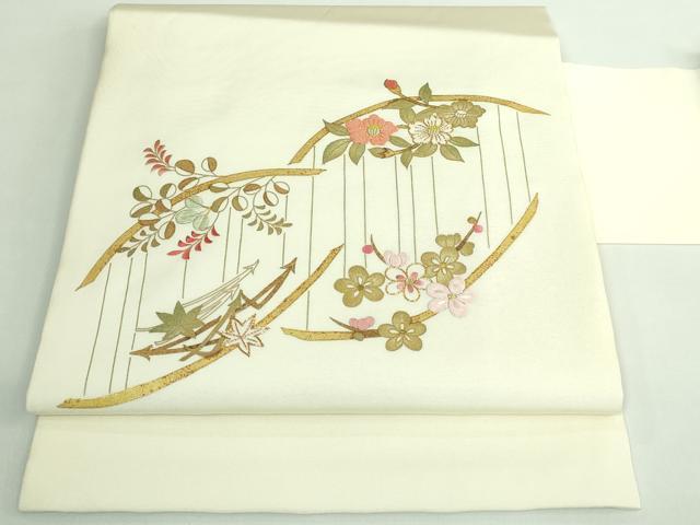 平和屋着物■極上　塩瀬　九寸名古屋帯　駒刺繍　四季花文　金彩　逸品　DZAB0518kh5