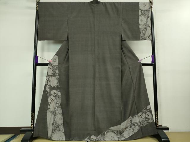 平和屋着物■極上　訪問着　紬地　辻が花　葵　消炭色地　逸品　DZAB0555kh5