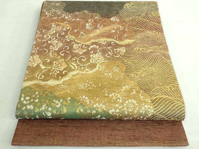 平和屋着物■極上　名門　しょうざん　生紬　紙屋川伝承　絹漉貴　太鼓柄袋帯　花唐草　金糸　逸品　DZAB0655kh5