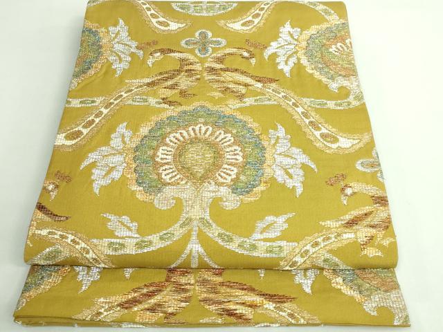 平和屋本店■極上　洛風林　工芸帯地　六通柄袋帯　孔雀花文　金銀糸　逸品　DZAB0661kh5