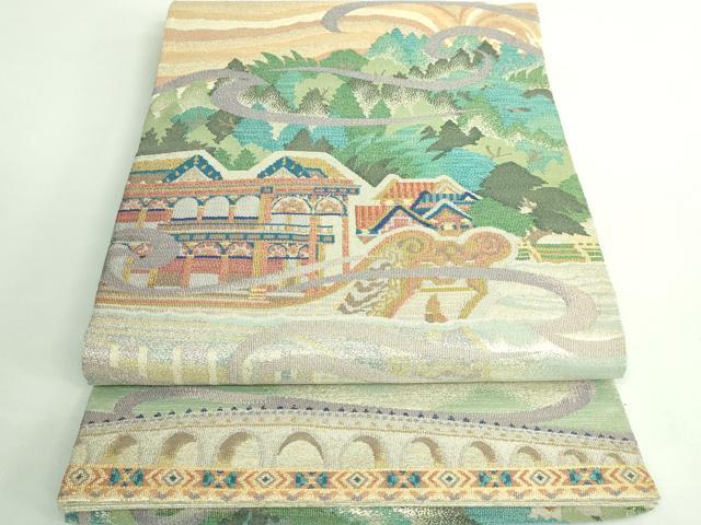 平和屋本店■極上　手織綴れ　山鹿清華　太鼓柄袋帯　旭光萬寿山之図　金銀糸　逸品　DZAB0672kh5